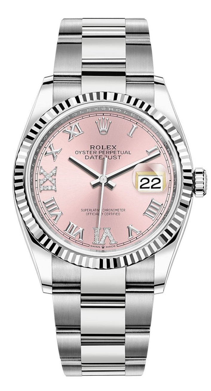 Rolex Datejust 36mm Fluted Bezel Pink Roman Diamond Dial Oyster - 1262 ...
